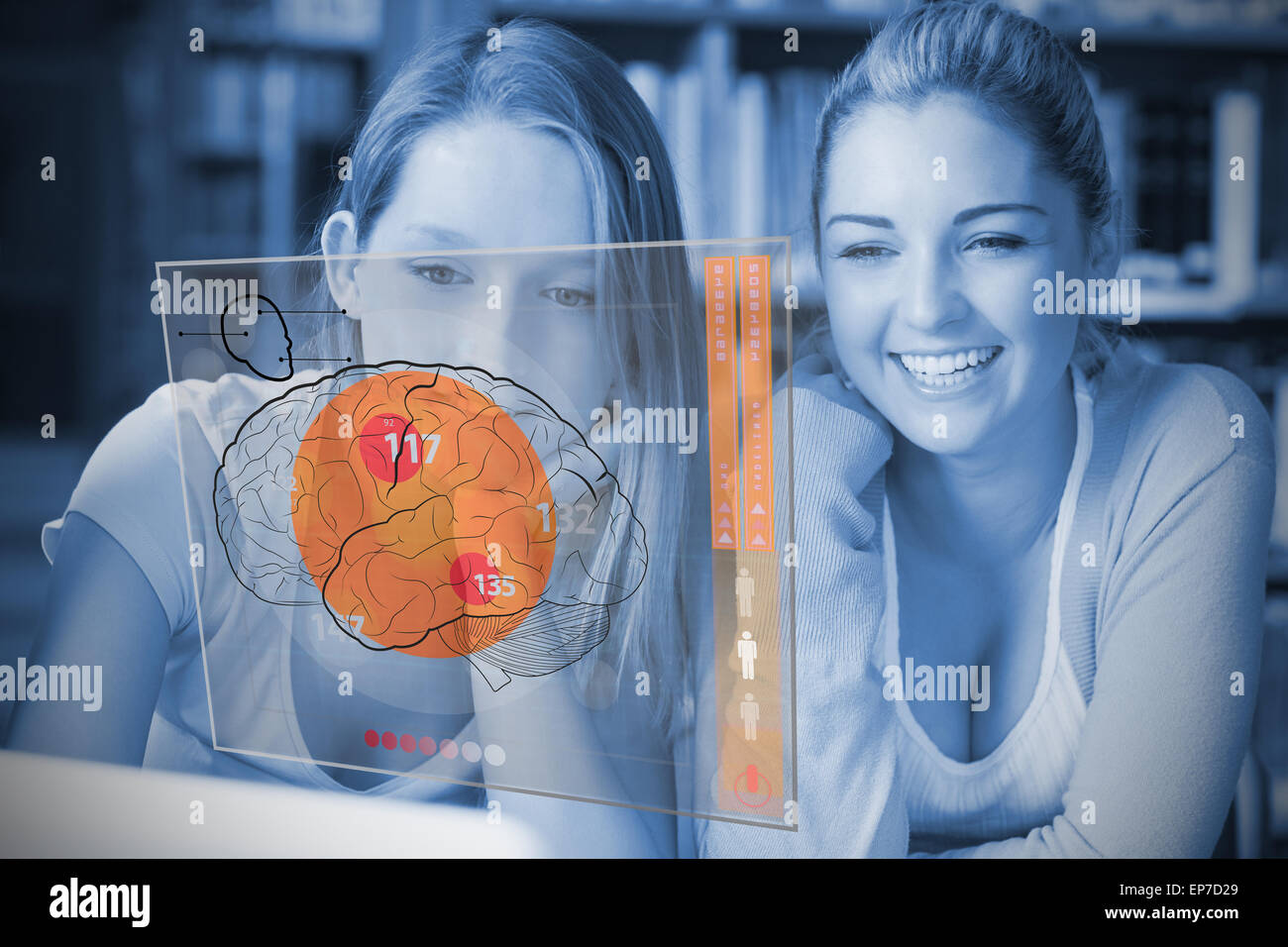 Blue picture of students studying with laptop and futuristic interface ...