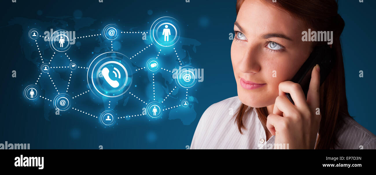 Pretty girl making phone call with social network icons Stock Photo - Alamy