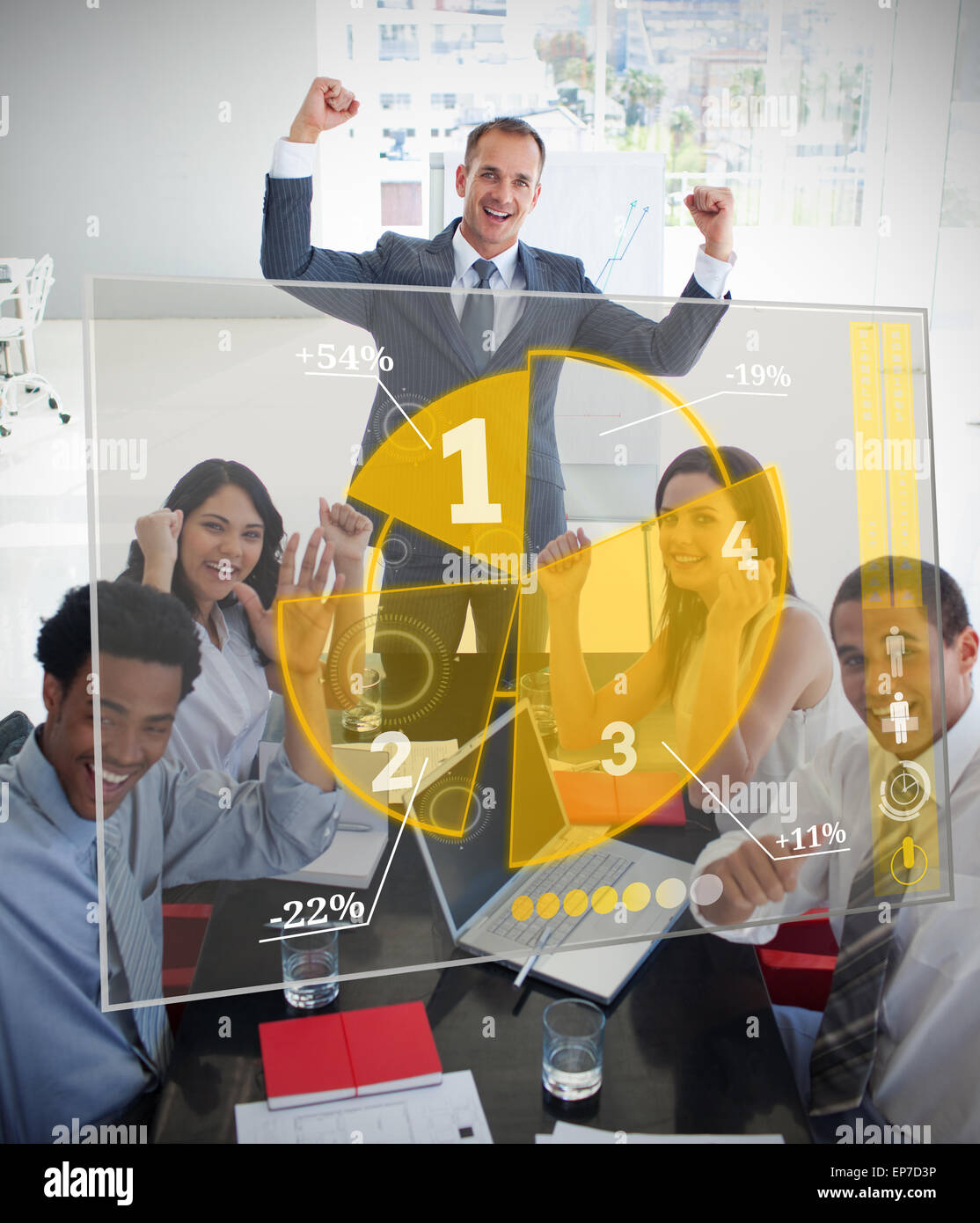 Cheering business people using pie chart interface Stock Photo - Alamy