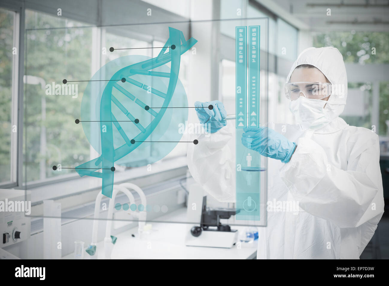 Chemist working cautiously with blue liquid and futuristic interface ...
