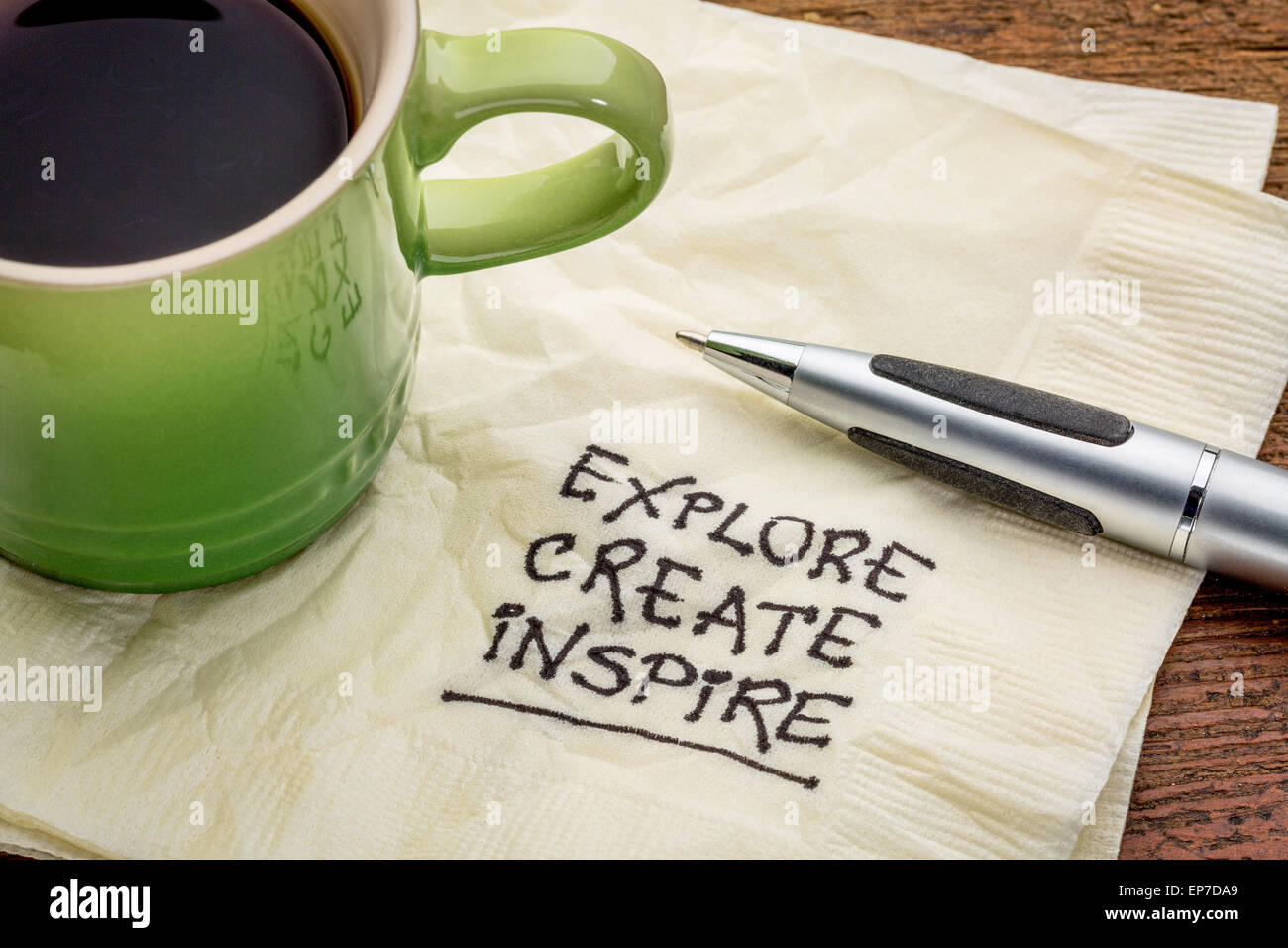 explore, create, inspire - motivational words handwritten on a napkin ...