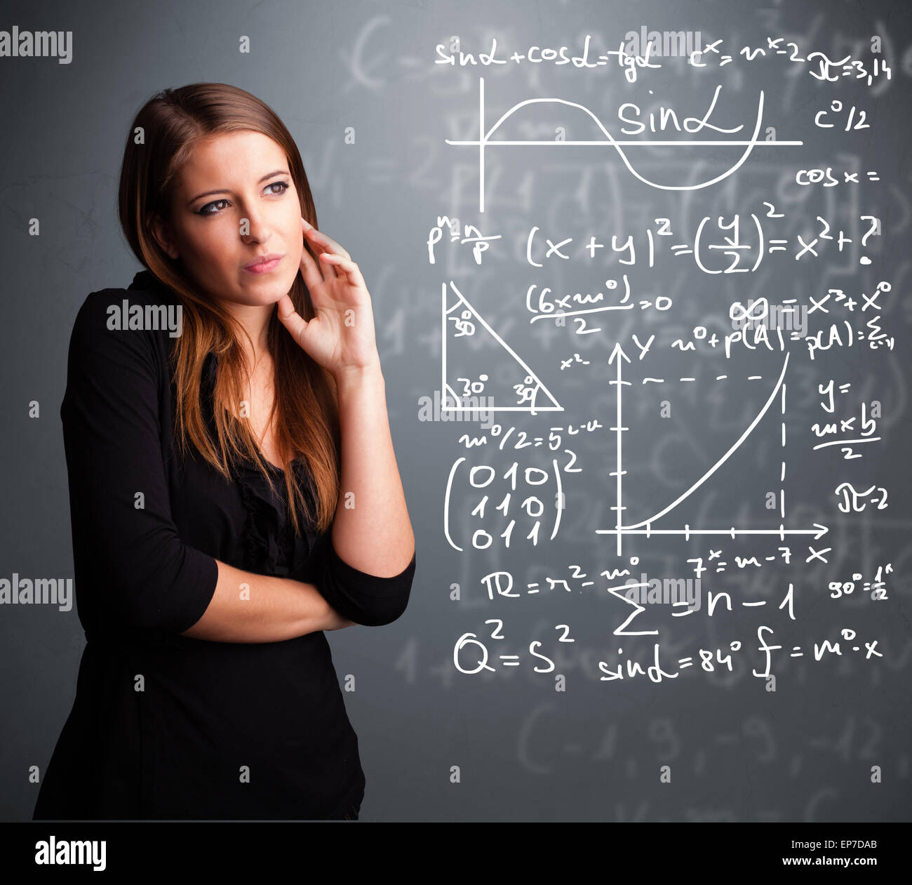Beautiful school girl thinking about complex mathematical signs Stock ...