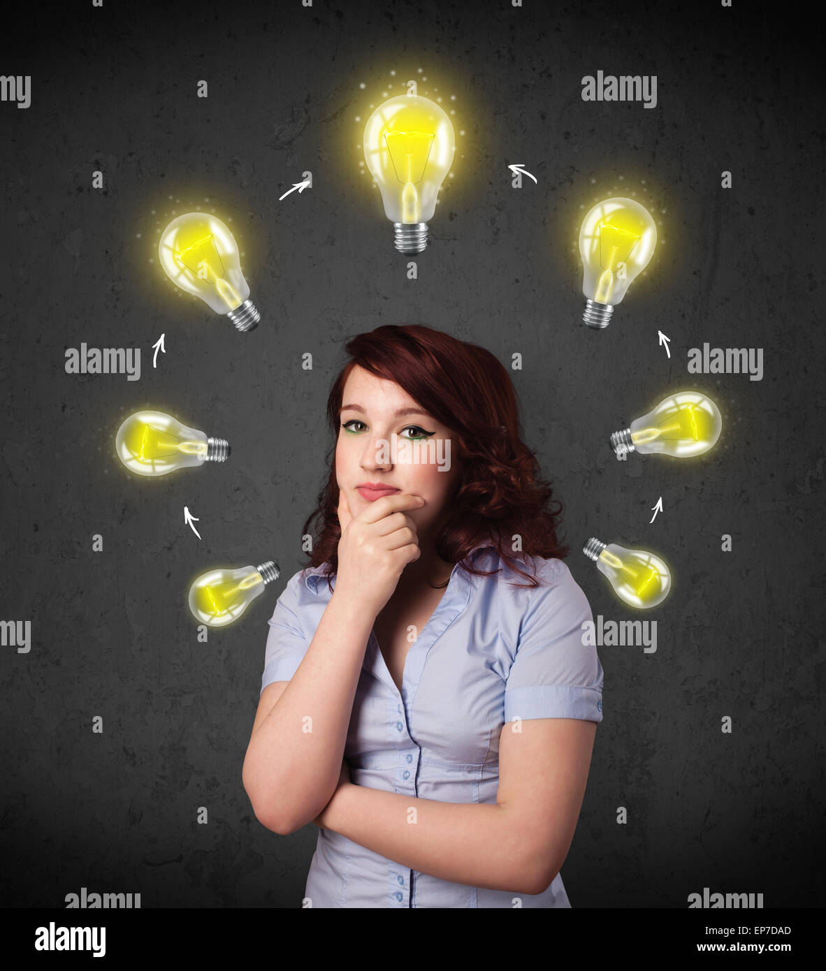 Young woman thinking with lightbulb circulation around her head Stock ...