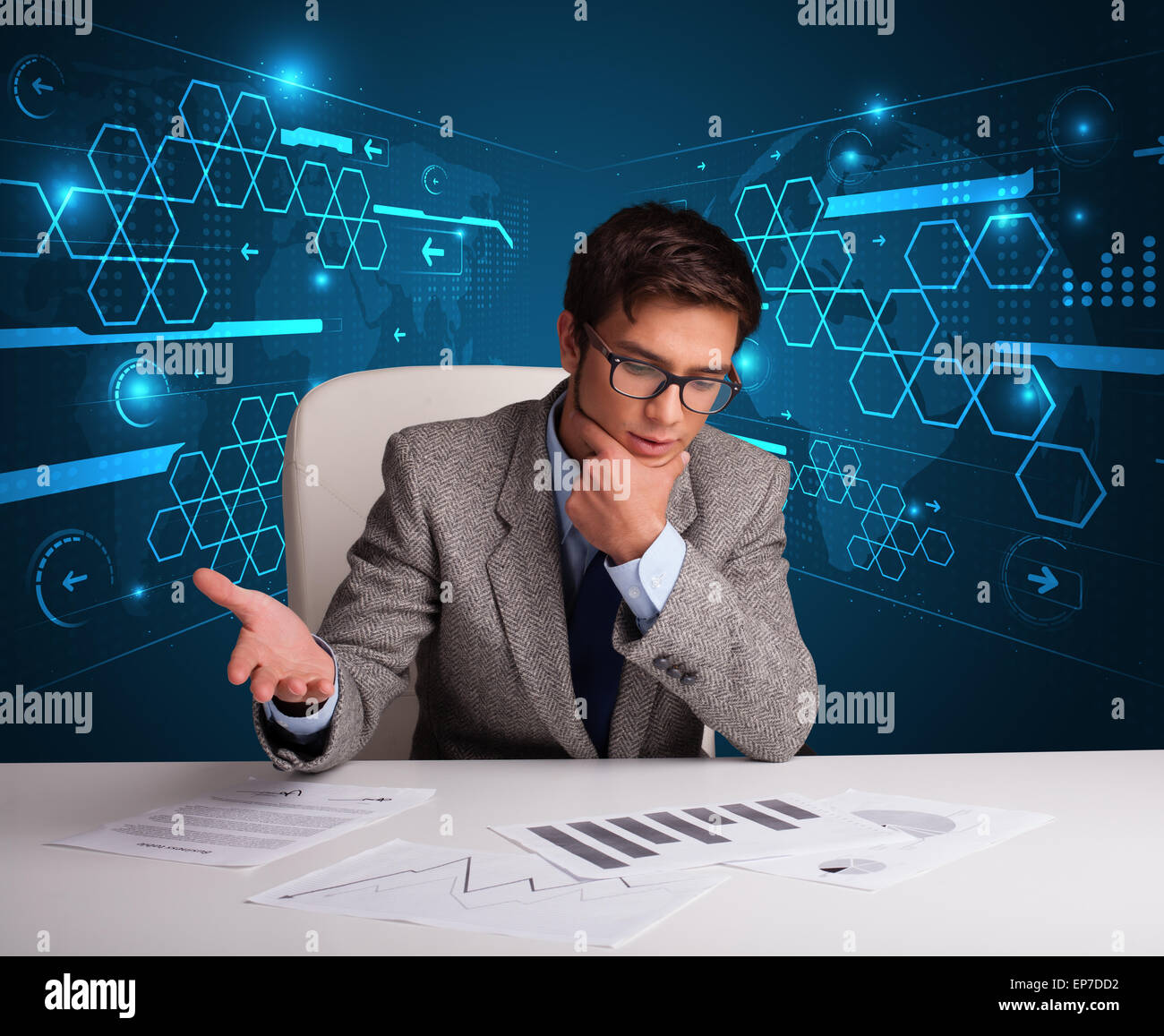 Businessman doing paperwork with futuristic backgroung Stock Photo - Alamy
