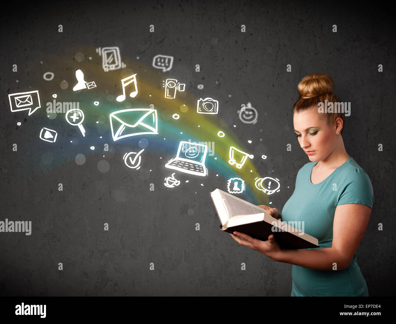 Young woman reading a book with multimedia icons coming out of the book ...