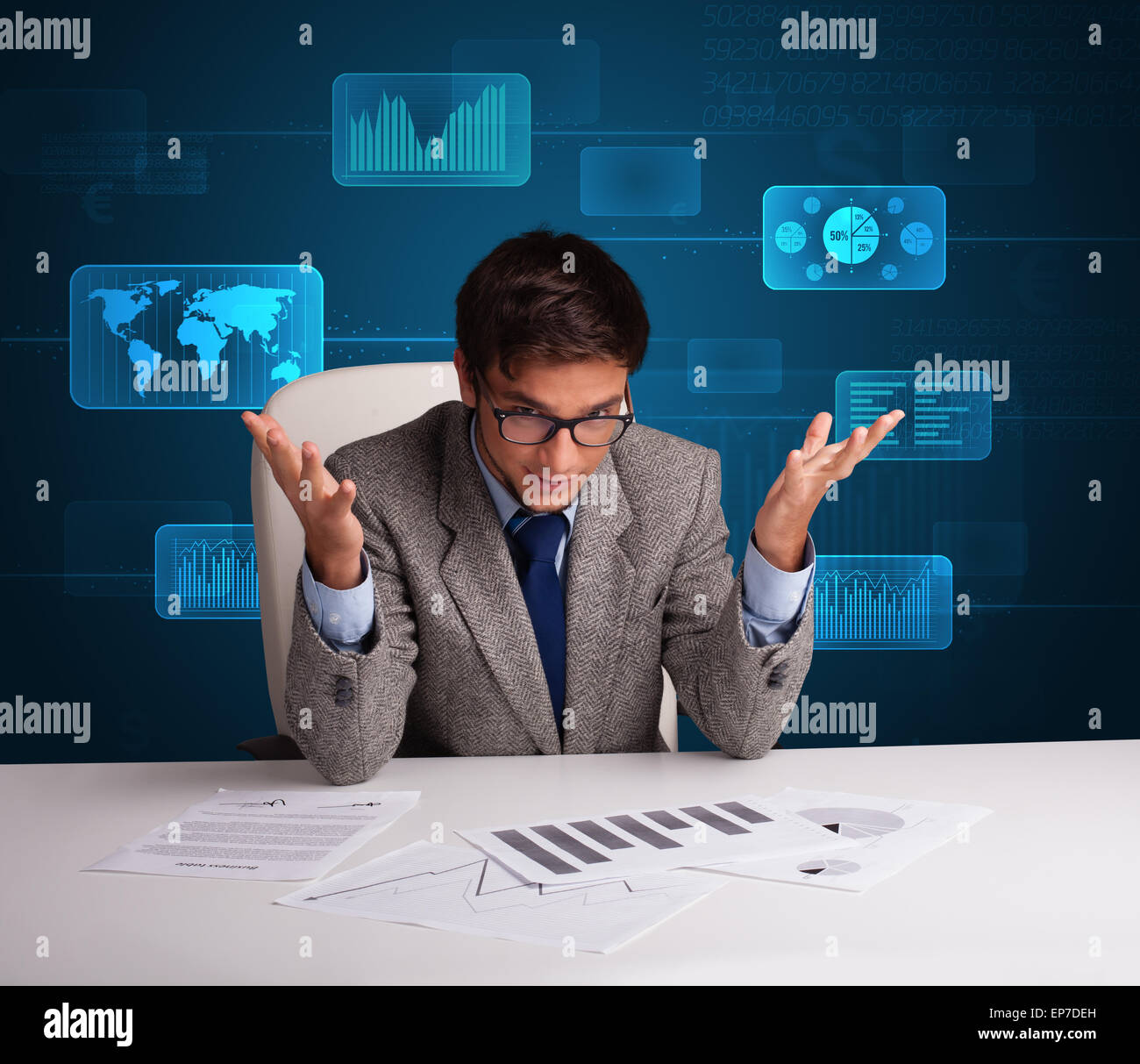 Businessman doing paperwork with digital background Stock Photo - Alamy
