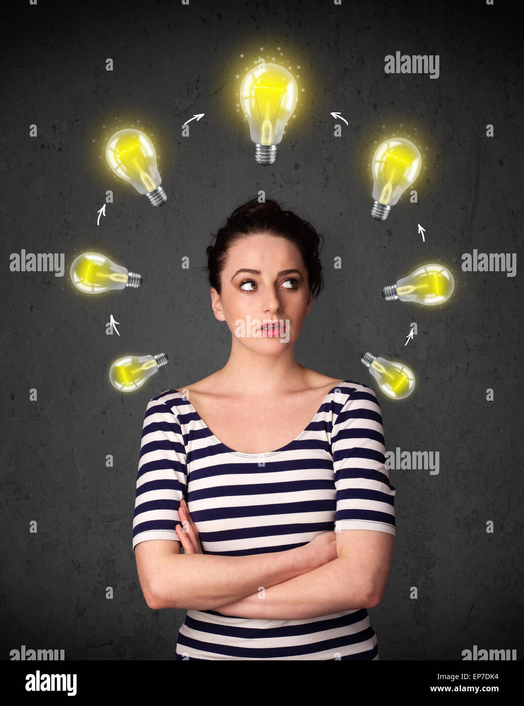Young woman thinking with lightbulb circulation around her head Stock ...