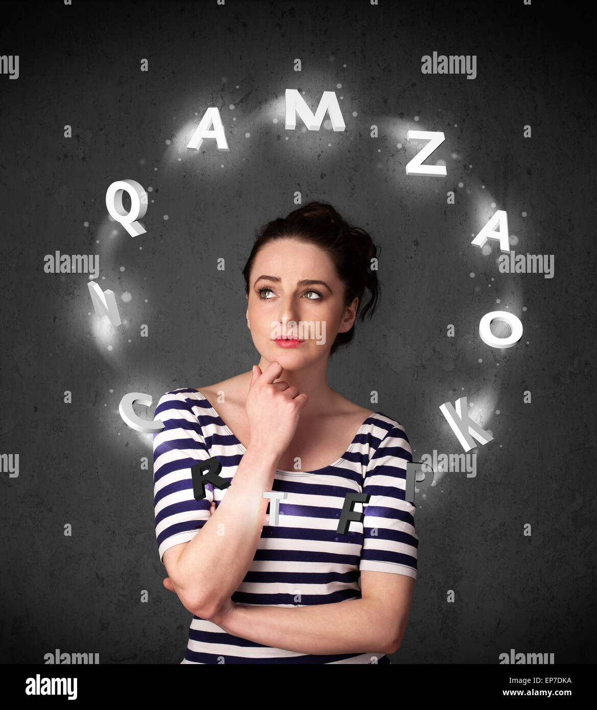 Young woman thinking with letter circulation around her head Stock ...