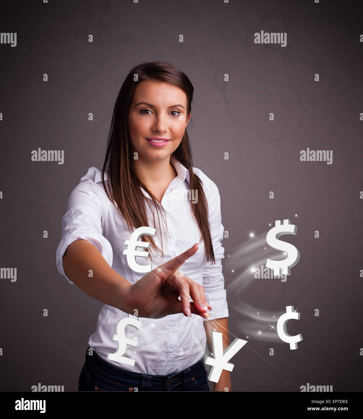 Young lady throwing currency icons Stock Photo - Alamy