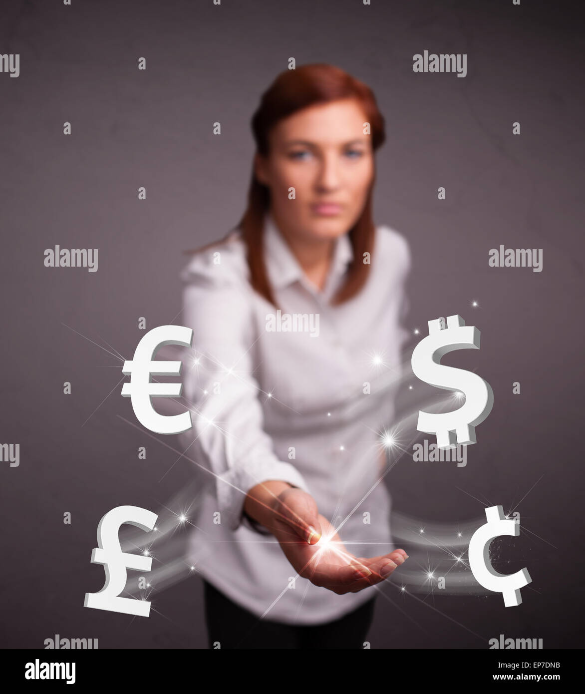 Young lady throwing currency icons Stock Photo - Alamy