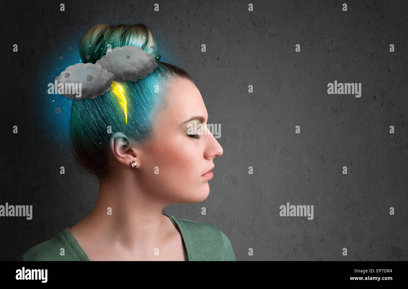 Young girl with thunderstorm lightning headache Stock Photo - Alamy
