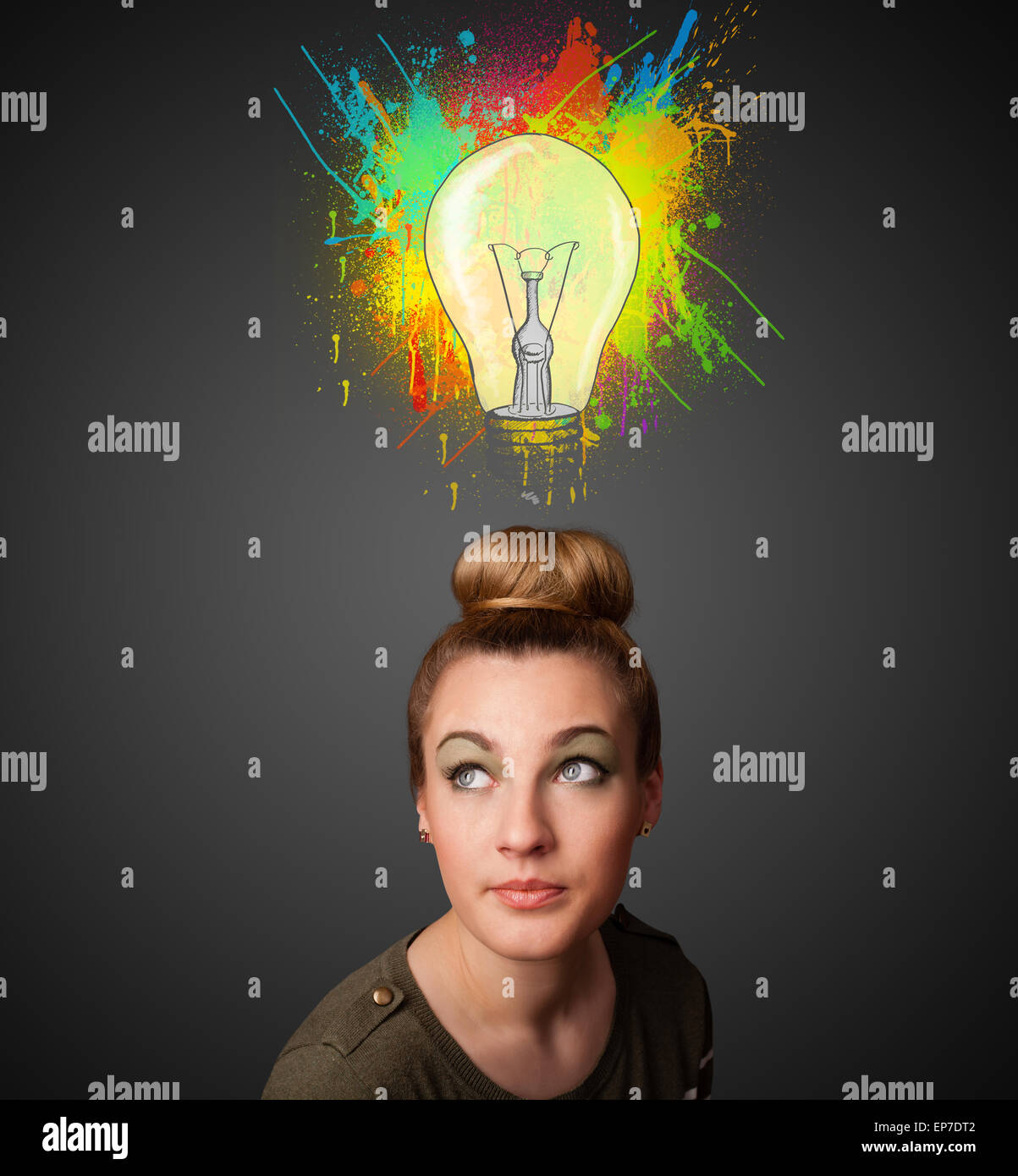 Young woman thinking with lightbulb above her head Stock Photo - Alamy