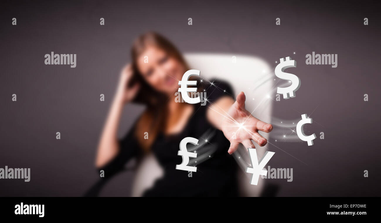 Young lady throwing currency icons Stock Photo - Alamy