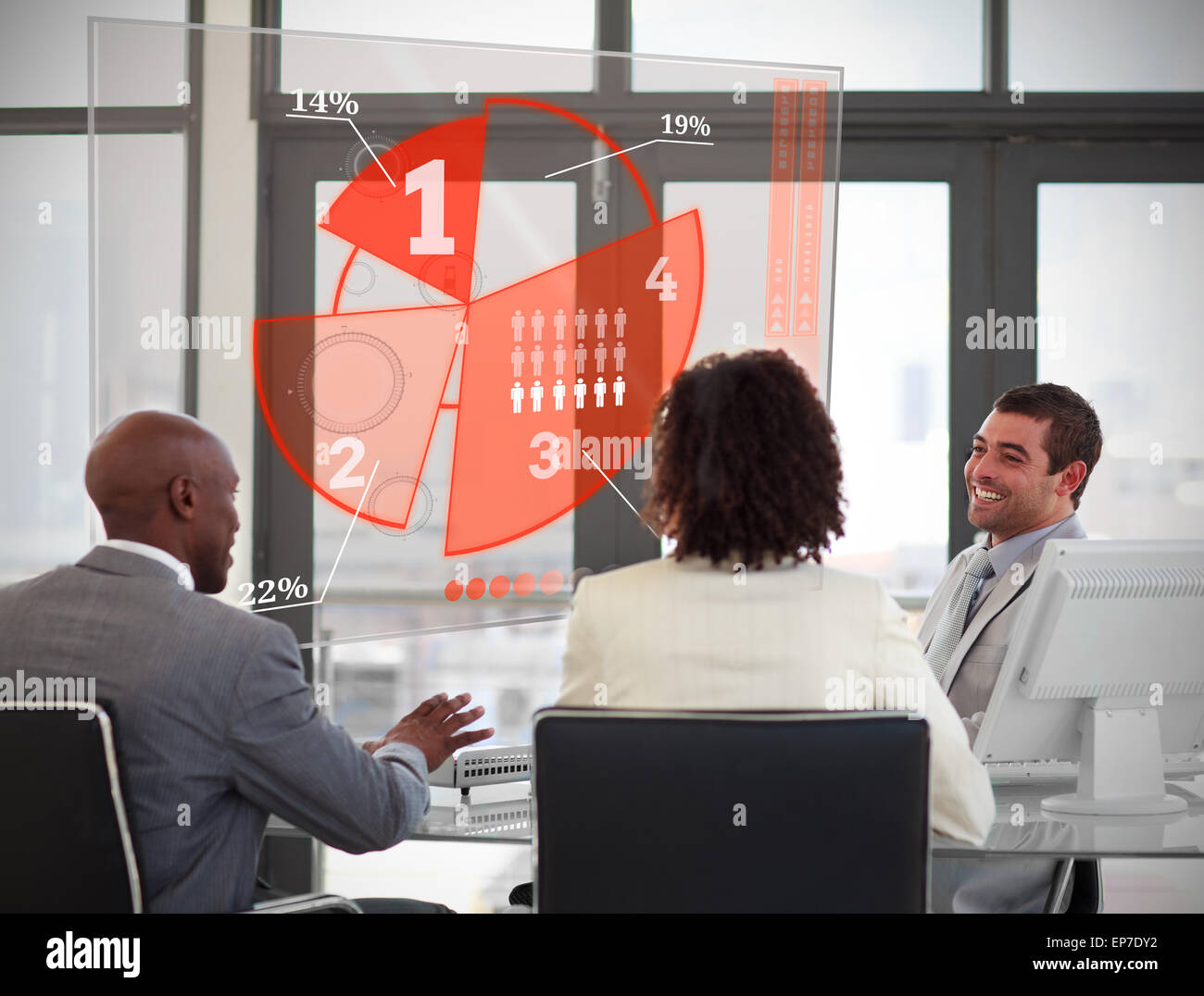 Business people using red pie chart interface Stock Photo - Alamy