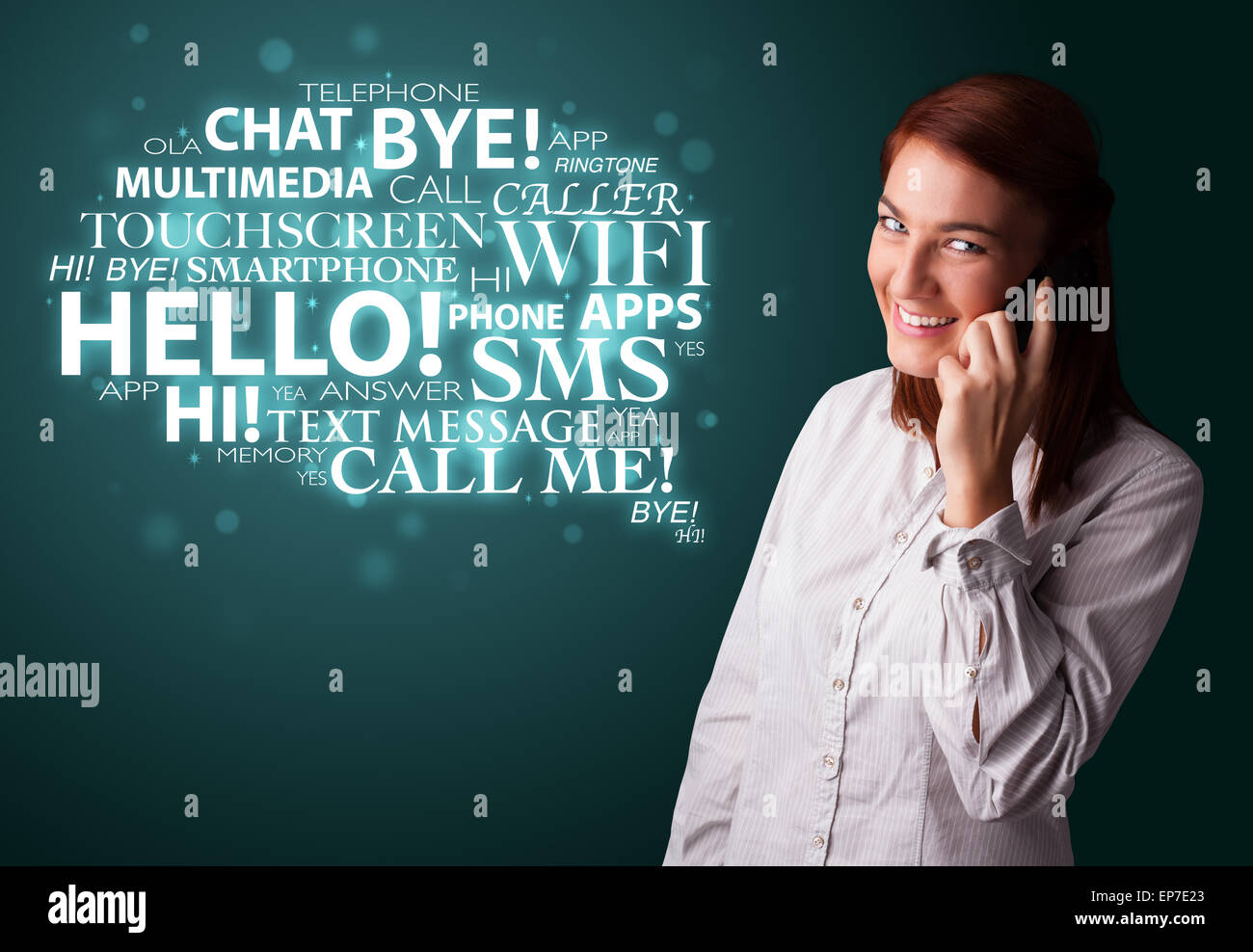 Young girl calling by phone with word cloud Stock Photo - Alamy