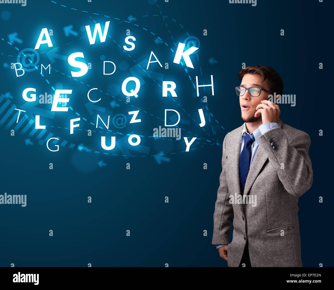 Young boy making phone call with shiny characters Stock Photo - Alamy