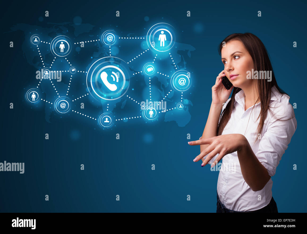 Pretty girl making phone call with social network icons Stock Photo - Alamy