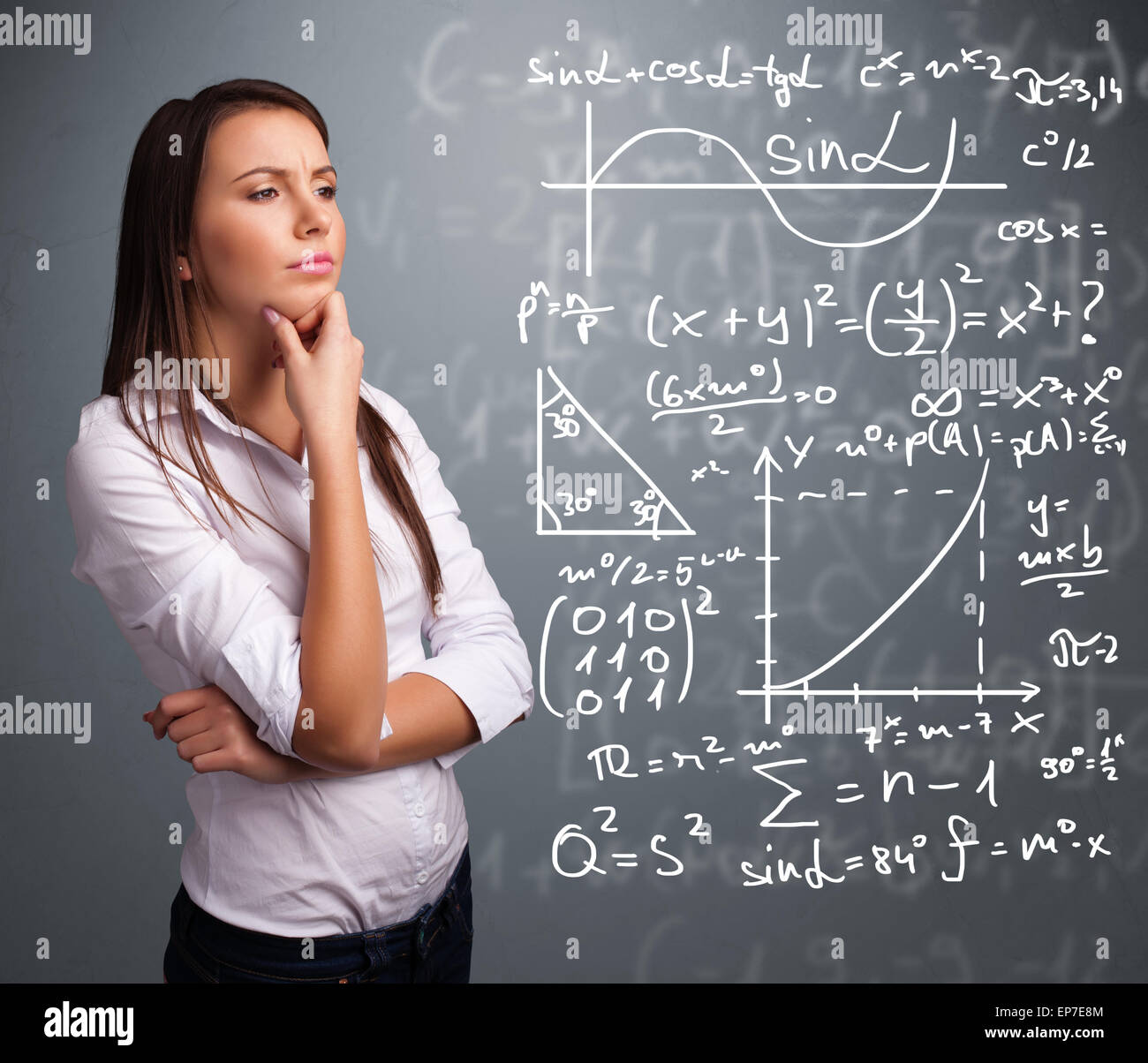 Beautiful school girl thinking about complex mathematical signs Stock ...