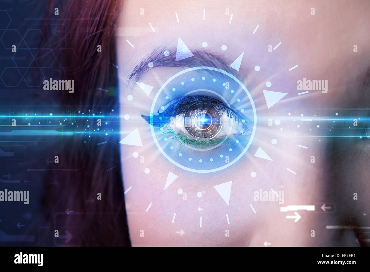Cyber girl with technolgy eye looking into blue iris Stock Photo - Alamy