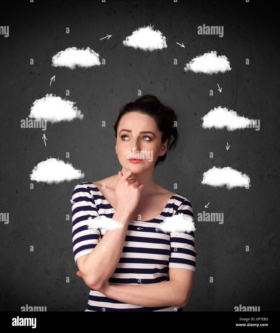 Young woman thinking with cloud circulation around her head Stock Photo ...