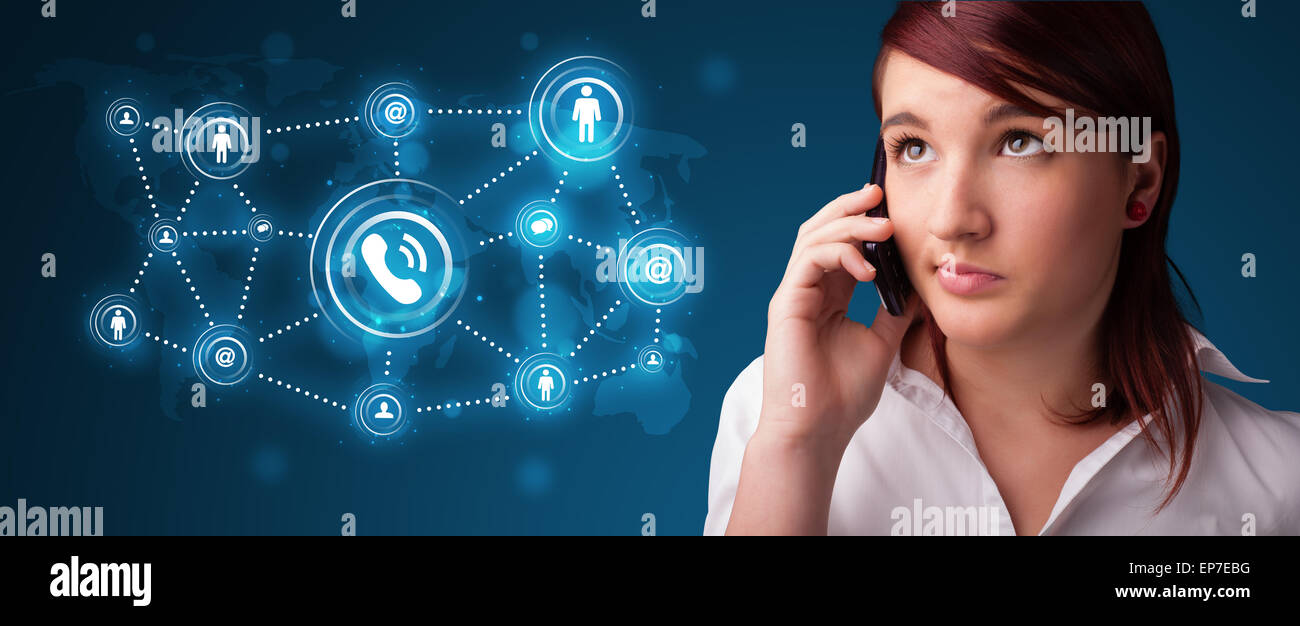 Pretty girl making phone call with social network icons Stock Photo - Alamy
