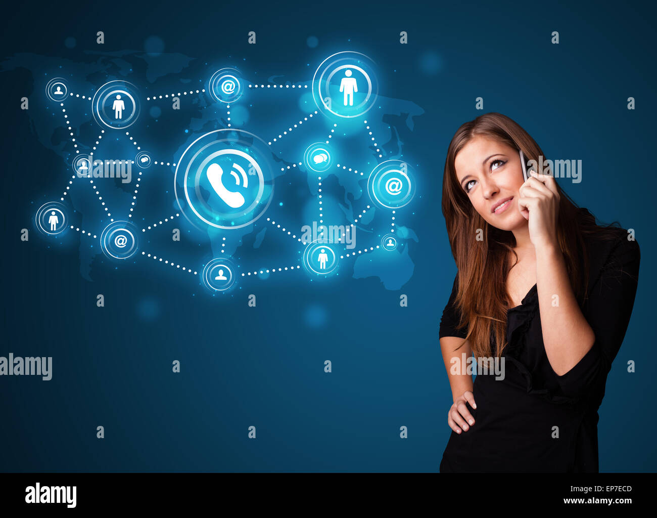 Pretty girl making phone call with social network icons Stock Photo - Alamy
