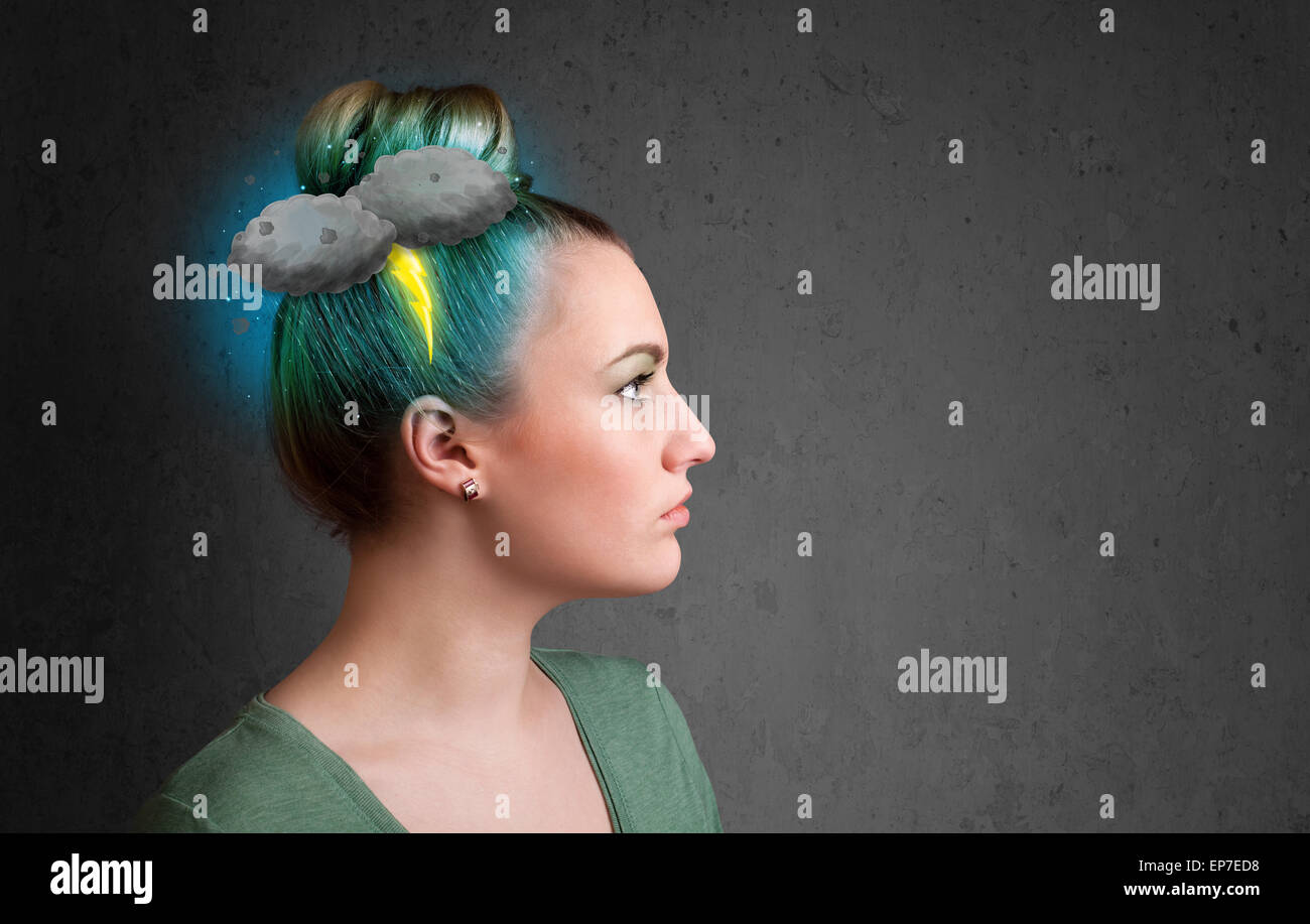 Young girl with thunderstorm lightning headache Stock Photo - Alamy