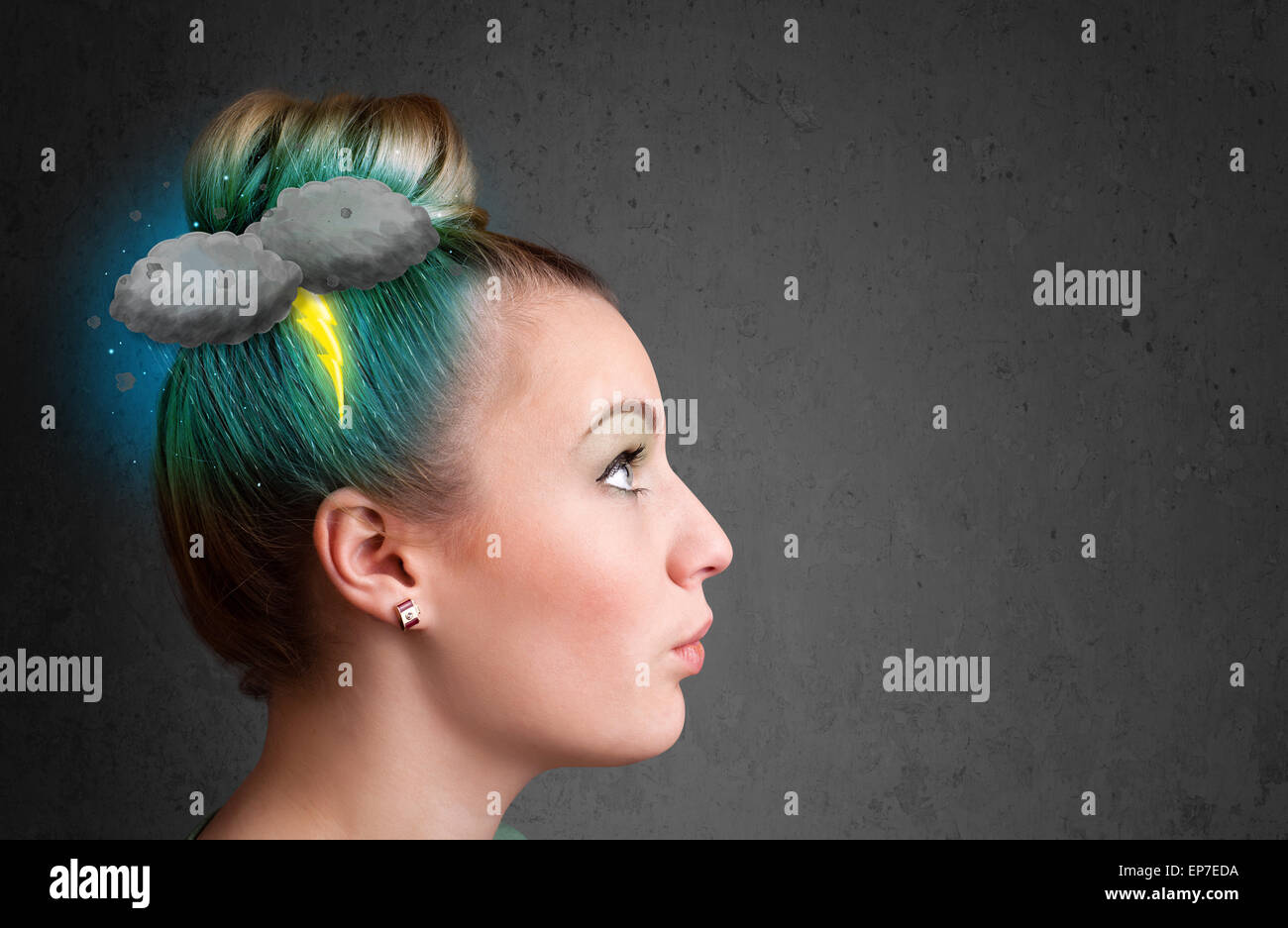 Young girl with thunderstorm lightning headache Stock Photo - Alamy