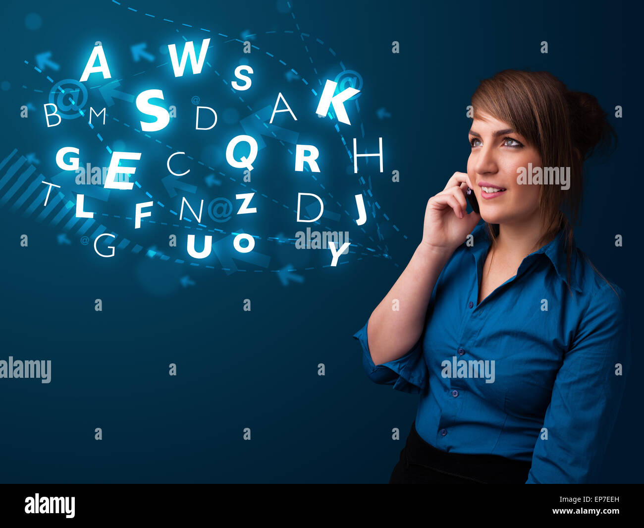 Young lady making phone call with shiny characters Stock Photo - Alamy
