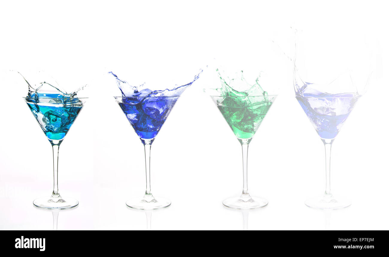 Serial arrangement of blue alcohol splashing in cocktail glass Stock ...