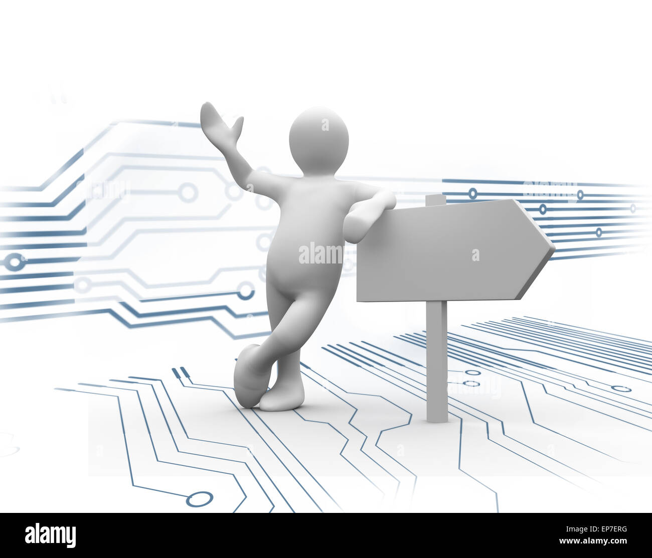 Human representation greeting with blank sign post next to him Stock ...