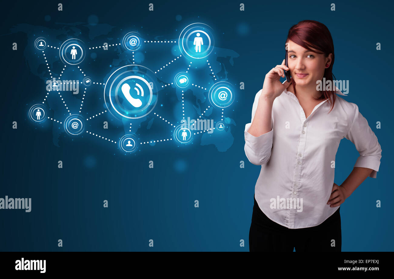 Pretty girl making phone call with social network icons Stock Photo - Alamy