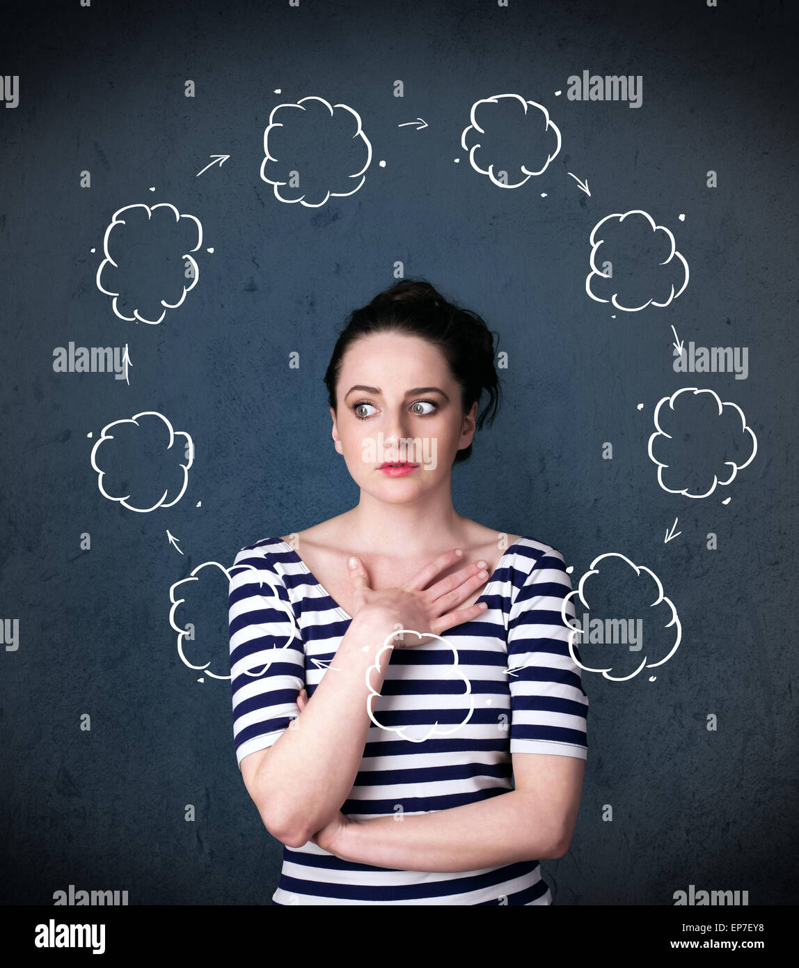 Young woman thinking with cloud circulation around her head Stock Photo ...