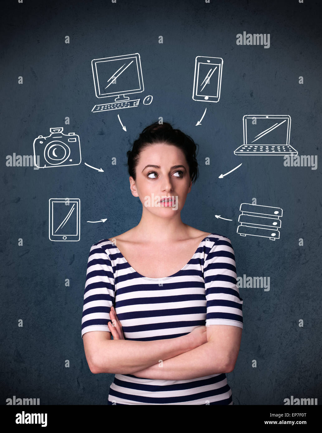 Young woman thinking with drawn gadgets around her head Stock Photo - Alamy