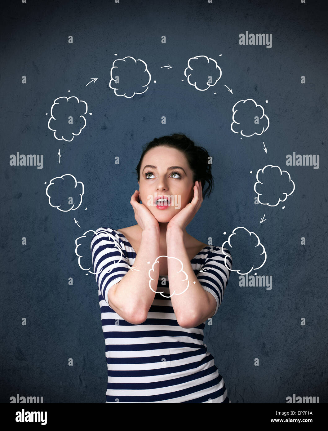 Young woman thinking with cloud circulation around her head Stock Photo ...
