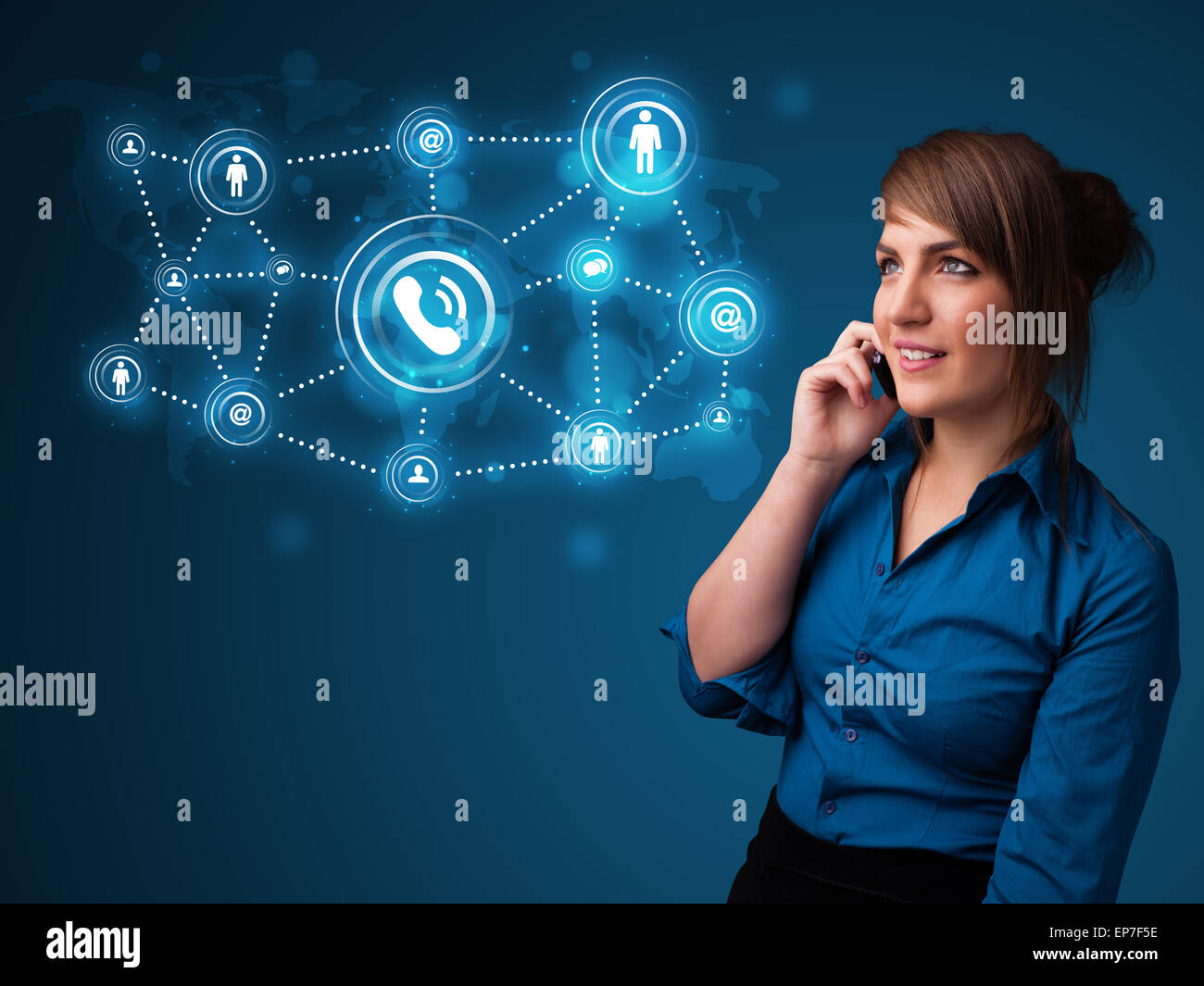 Pretty girl making phone call with social network icons Stock Photo - Alamy