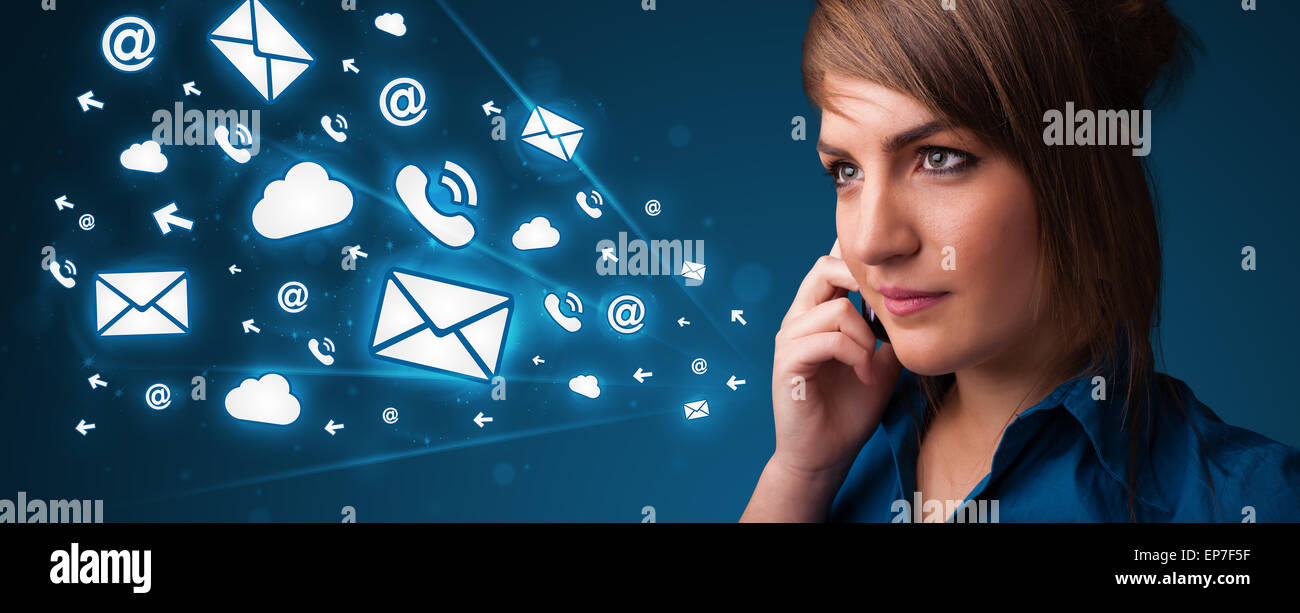 Young lady making phone call with message icons Stock Photo - Alamy