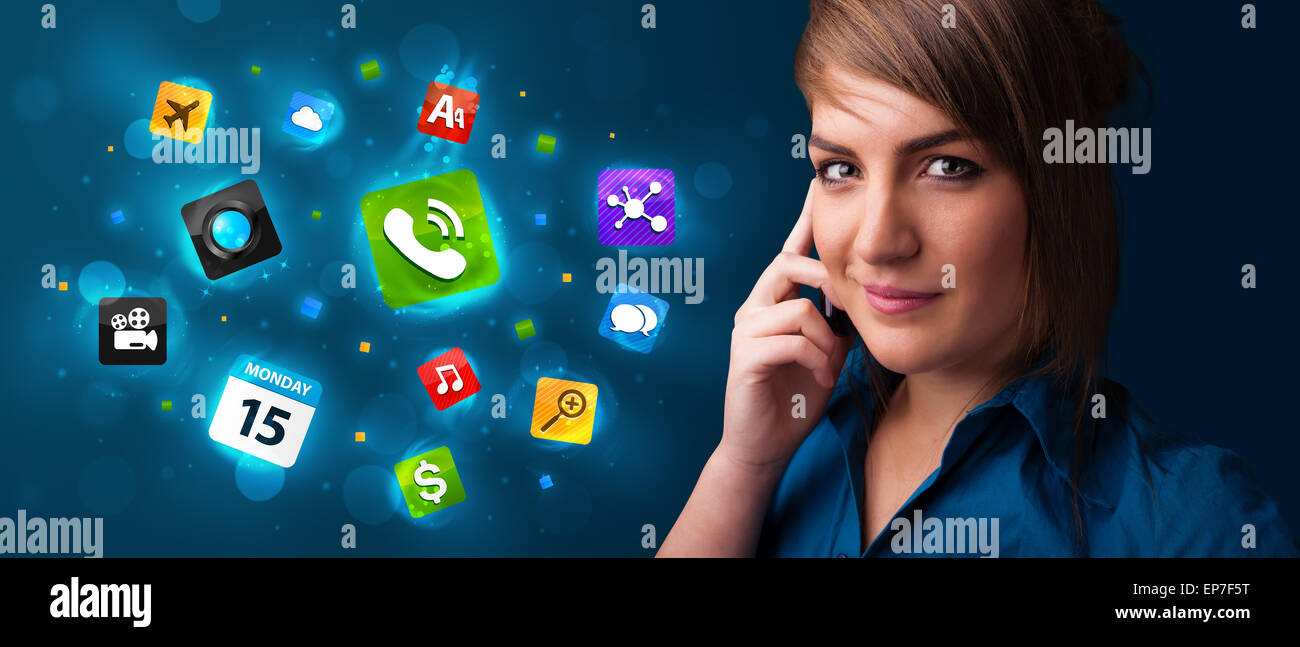 Young woman calling by phone with various icons Stock Photo - Alamy