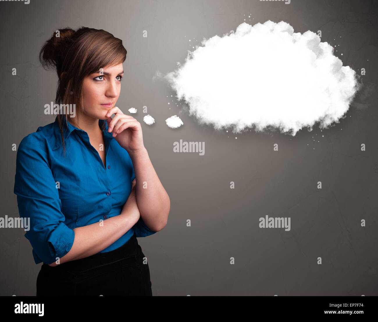 Pretty lady thinking about cloud speech or thought bubble with copy space Stock Photo - Alamy