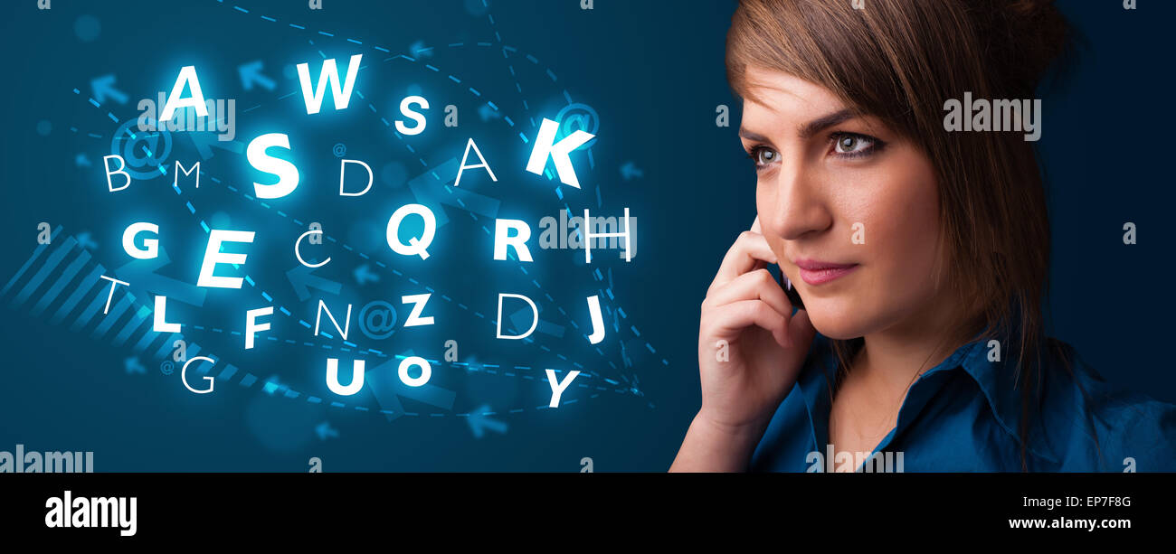 Young lady making phone call with shiny characters Stock Photo - Alamy