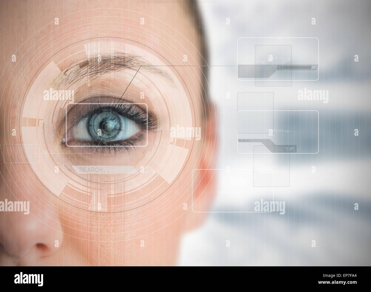 Close up of woman blue eye analyzing chart interfaces Stock Photo - Alamy