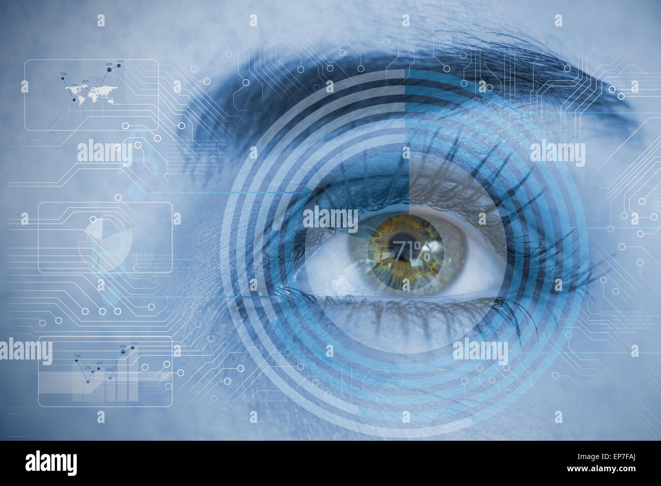 Close up of woman eye analyzing circuit board and chart interfaces ...