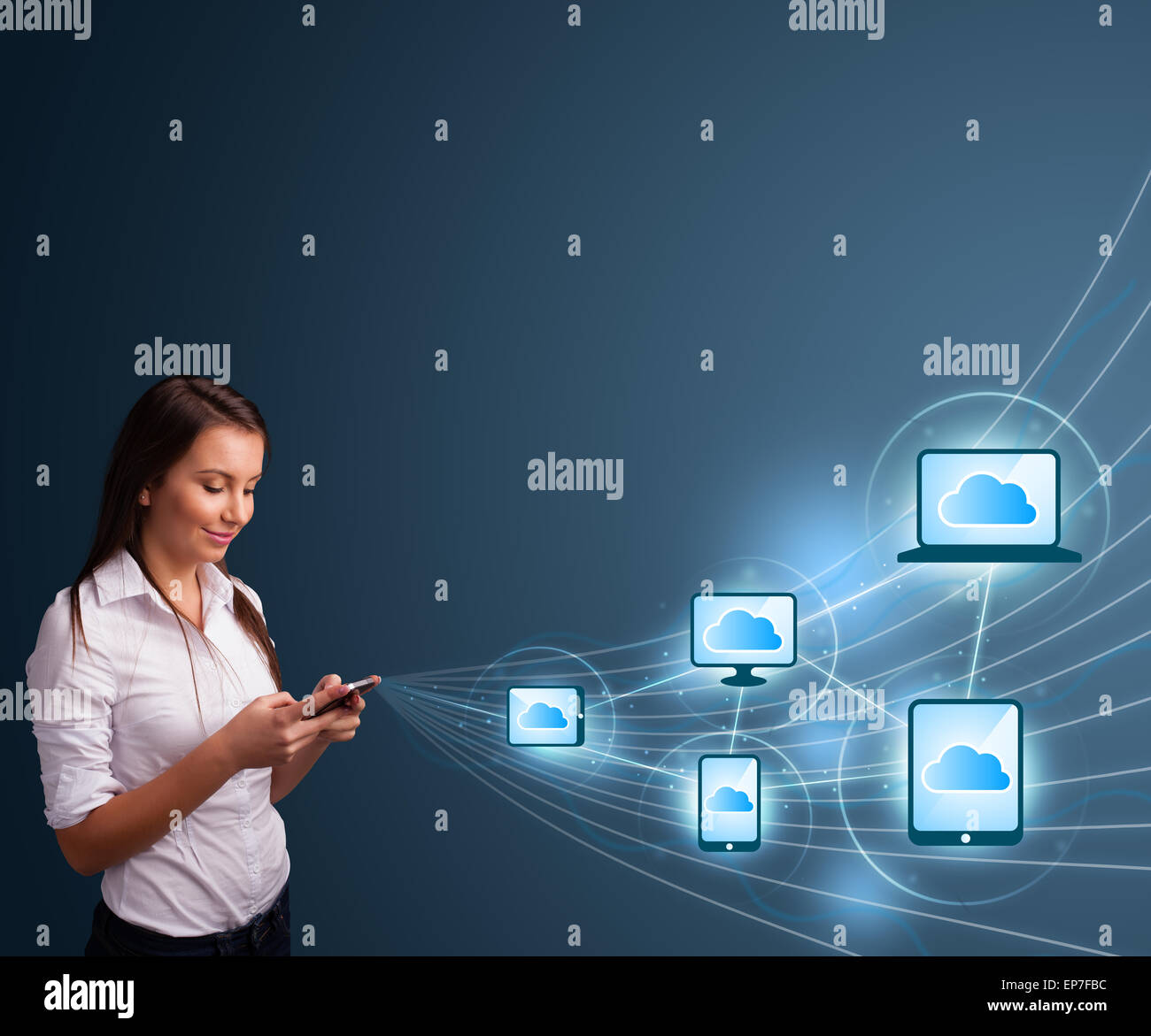 Pretty lady typing on smartphone with cloud computing Stock Photo - Alamy