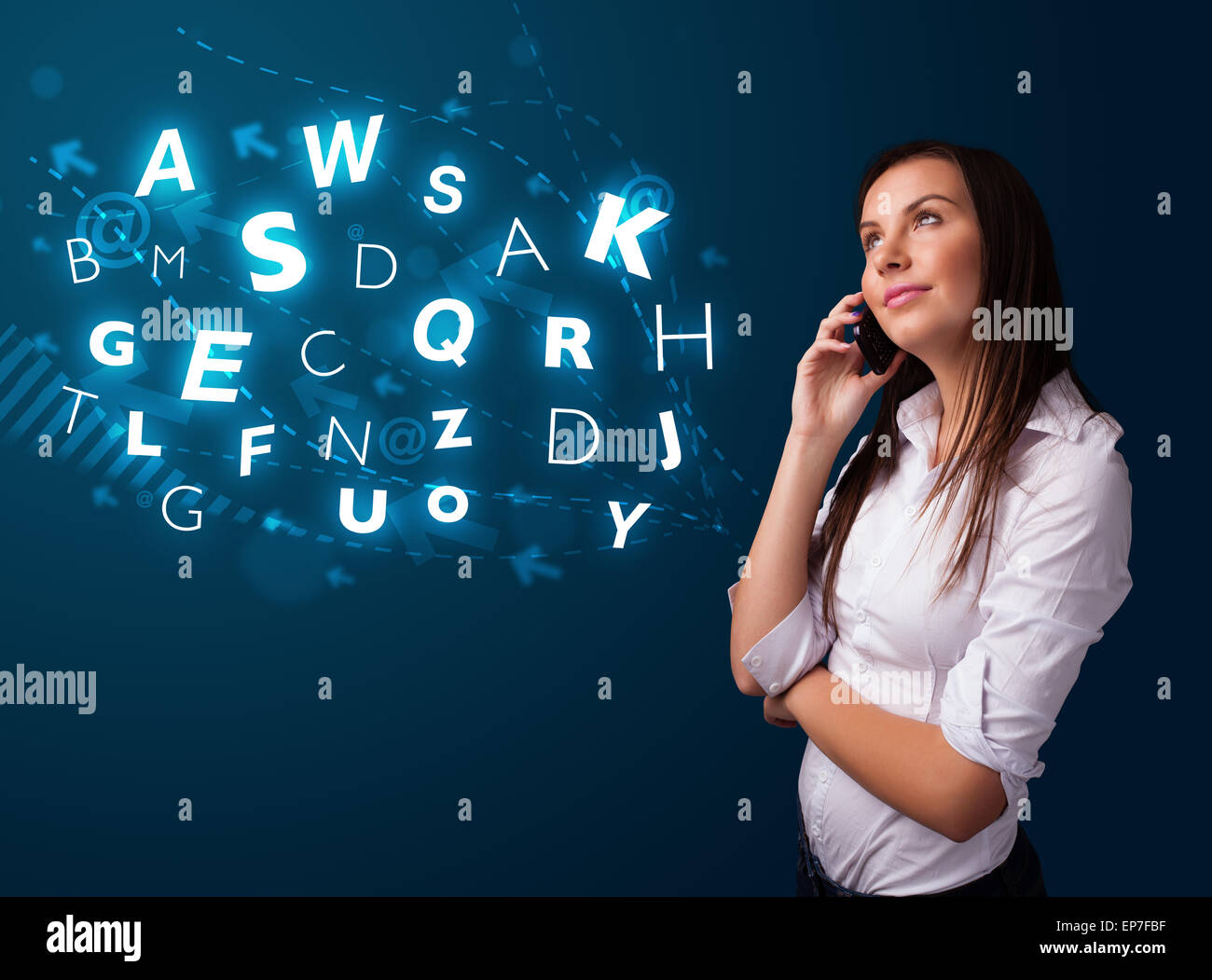 Young lady making phone call with shiny characters Stock Photo - Alamy