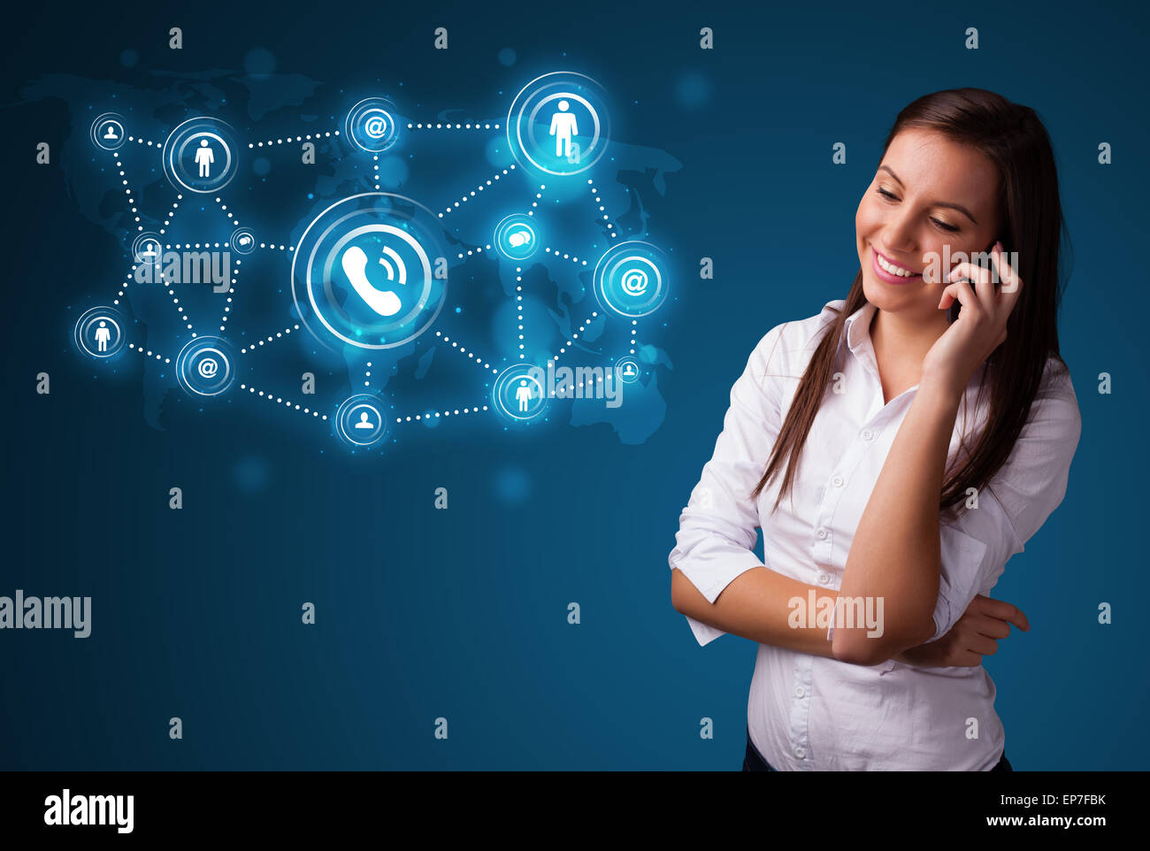 Pretty girl making phone call with social network icons Stock Photo - Alamy