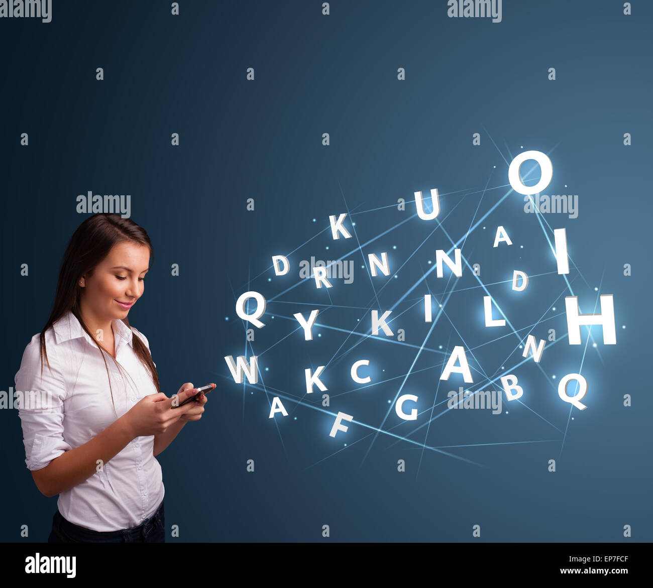 Young woman typing on smartphone with high tech 3d letters comming out ...