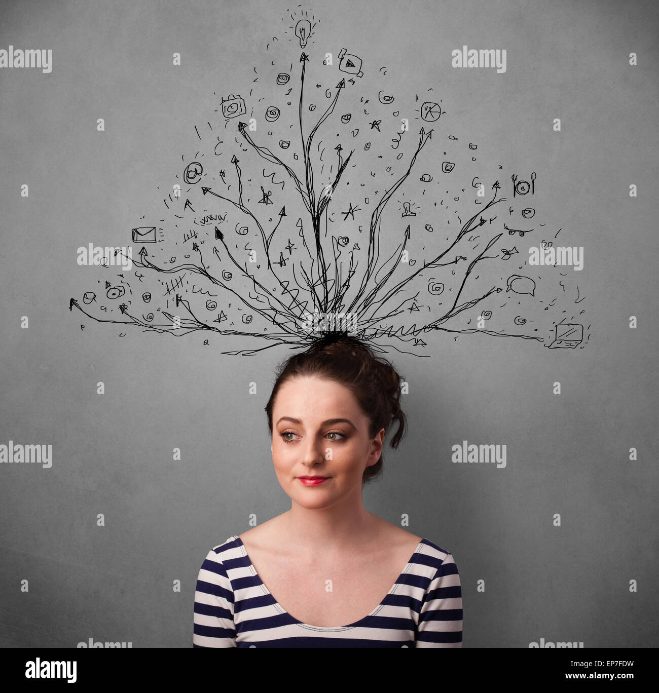 Young woman with tangled lines coming out of her head Stock Photo - Alamy