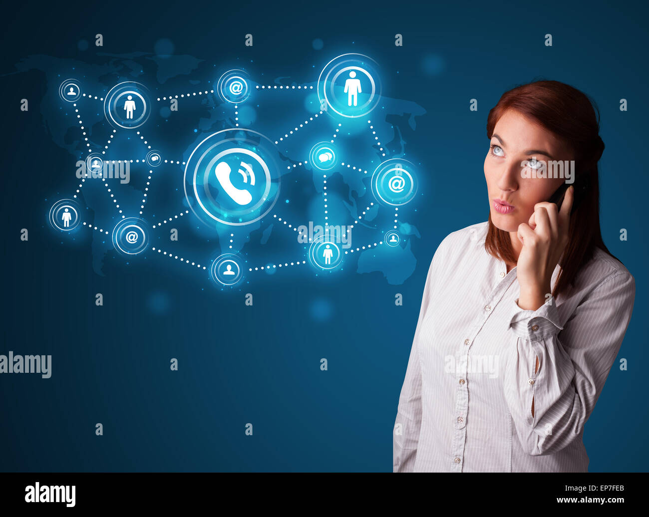 Pretty girl making phone call with social network icons Stock Photo - Alamy