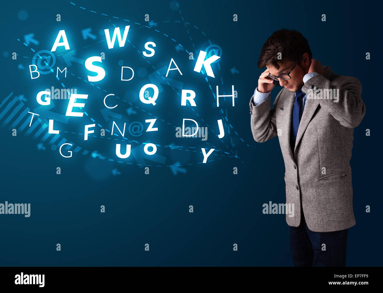 Young boy making phone call with shiny characters Stock Photo - Alamy