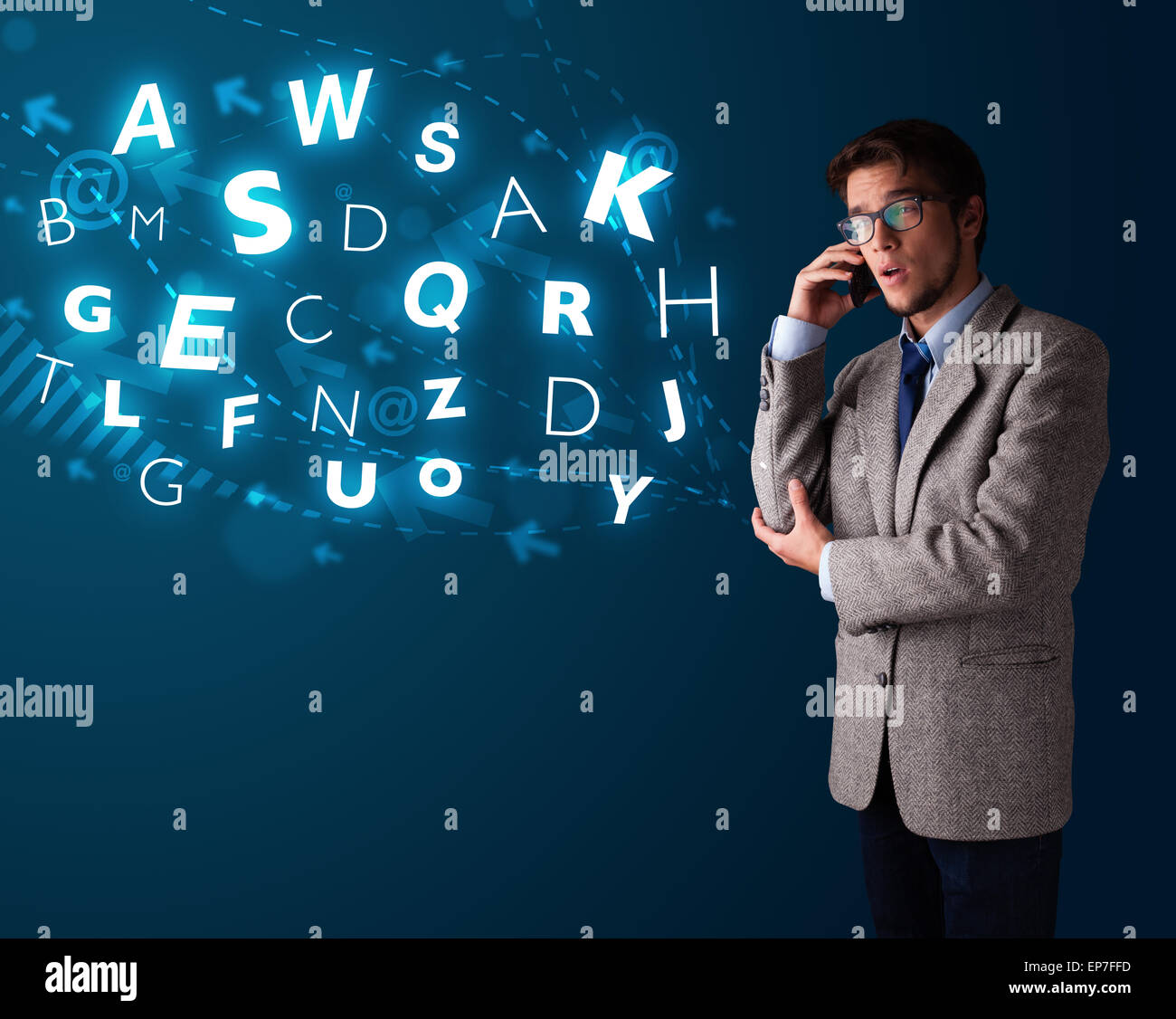 Young boy making phone call with shiny characters Stock Photo - Alamy